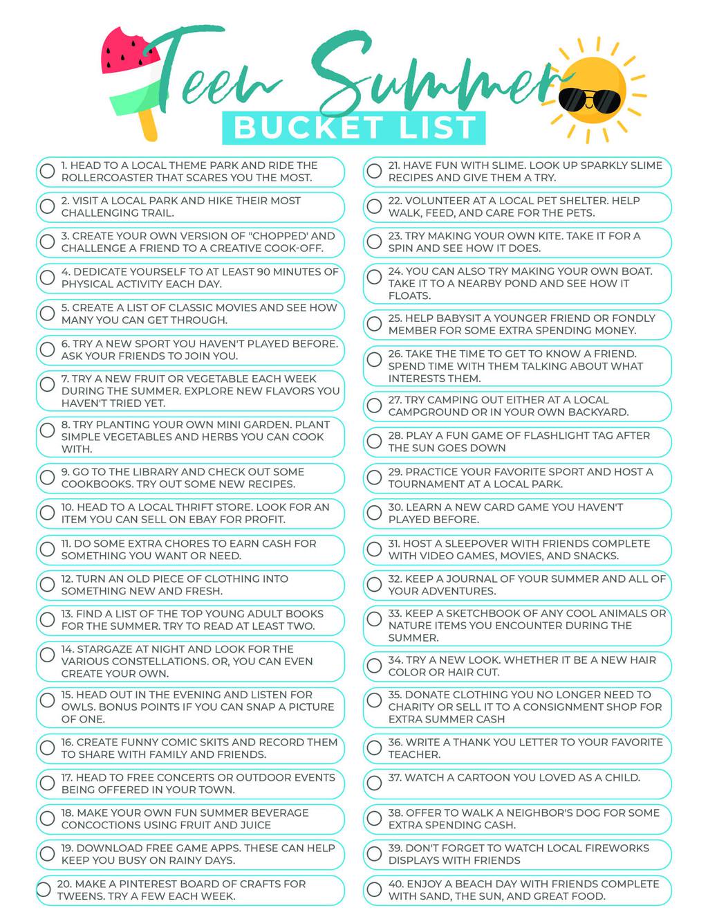 Summer Bucket List for Teens | Summer Bucket List Printable