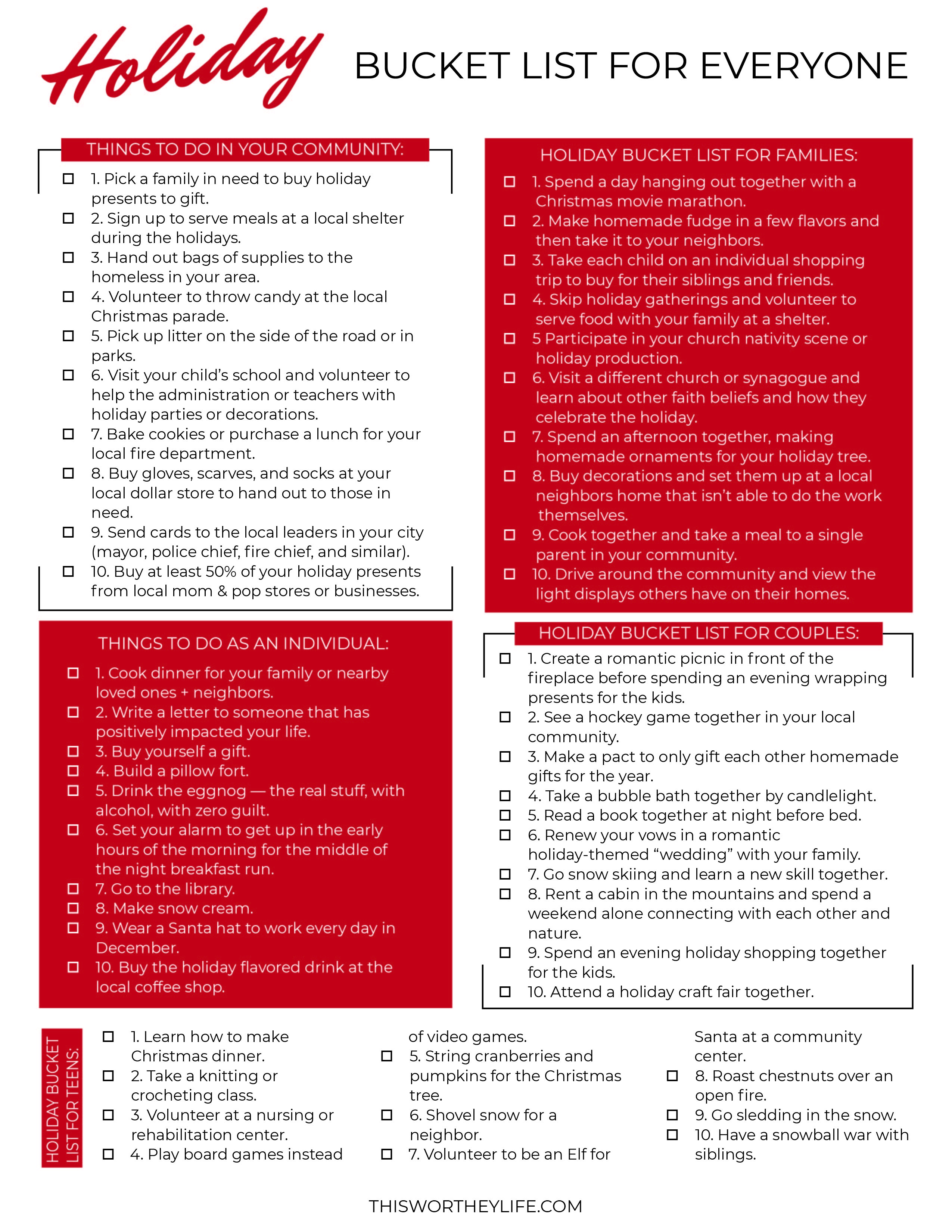 100+ Holiday Bucket List For Everyone + Free Holiday Printable