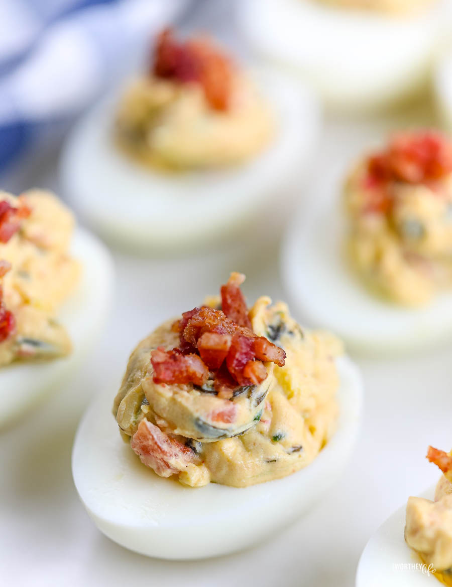 Bacon Deviled Eggs Made with Spinach & Artichoke Dip