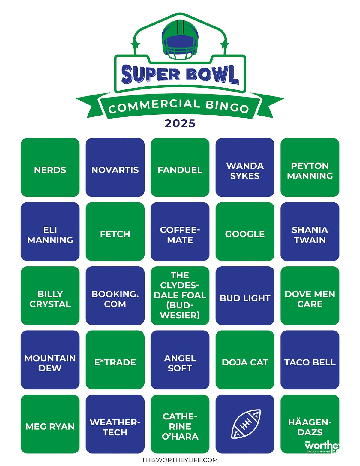 Super Bowl Bingo Printable For Commercials